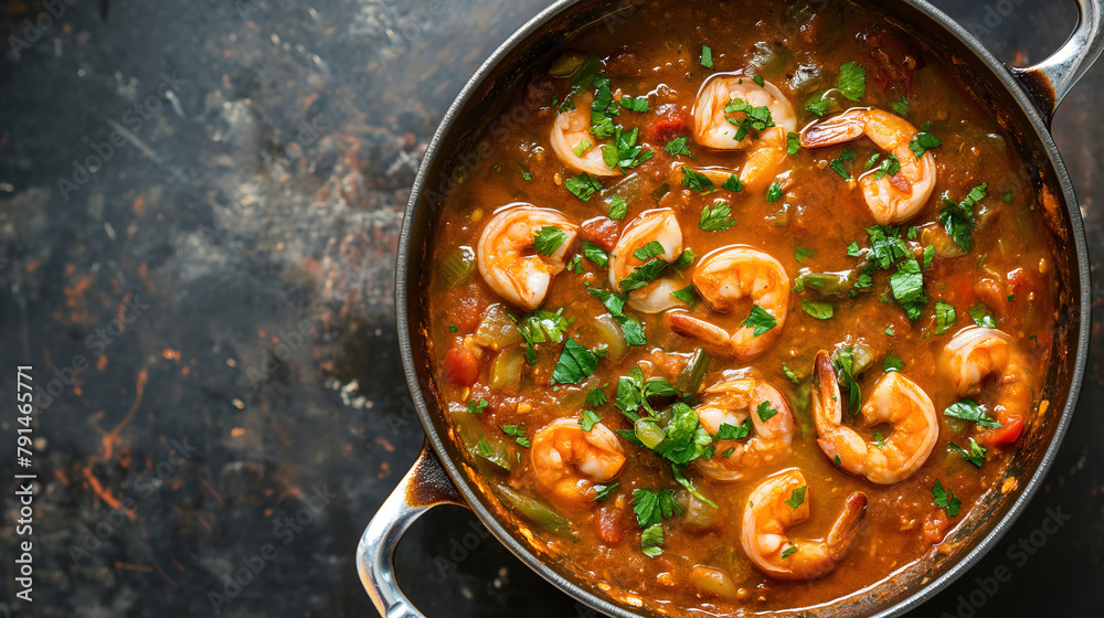 Top view of a traditional New Orleans gumbo with shrimp in a pot on a ...
