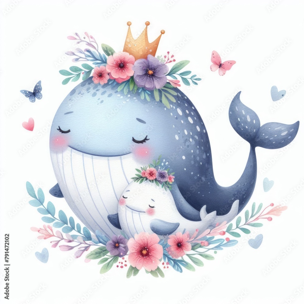 Whale Mom and Baby ,Watercolor Mother's Day Clip Art, Greeting Art Cute ...