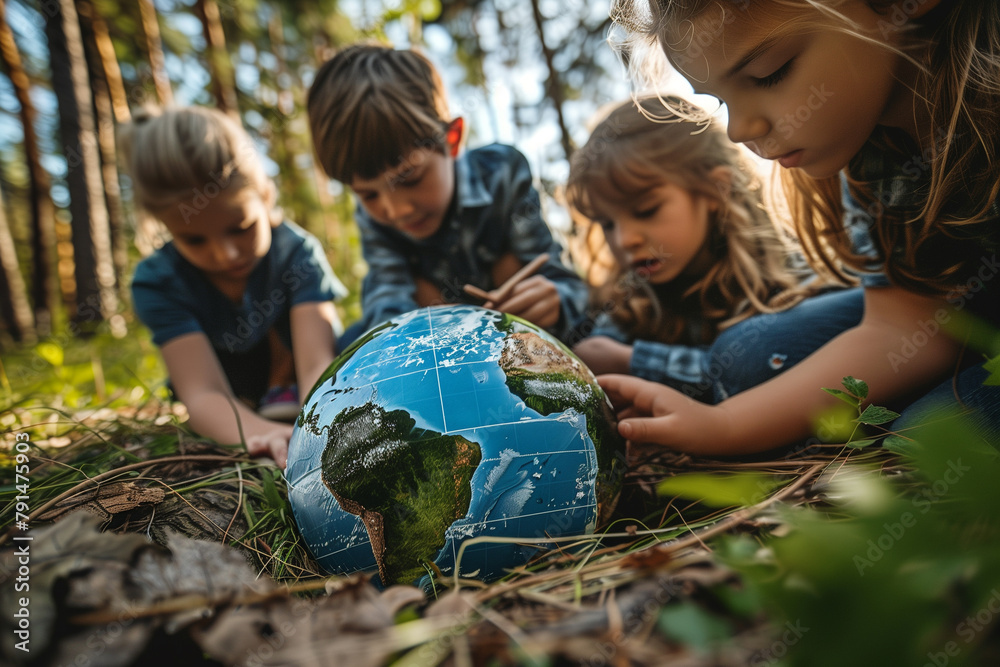 A group of curious children huddle around a globe in a forest setting ...