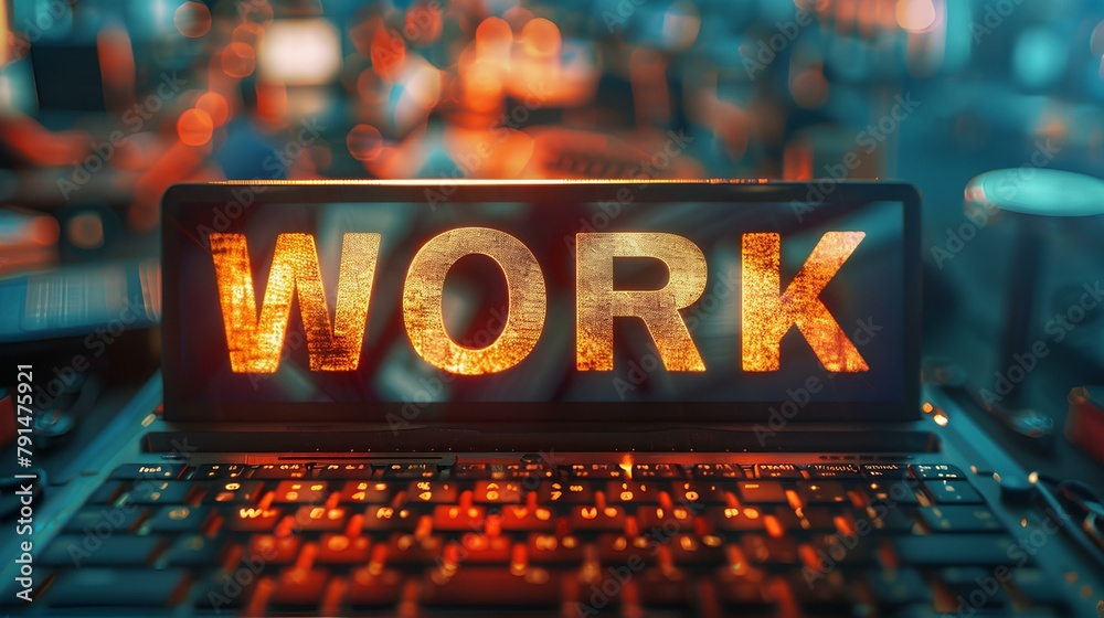 "WORK" Neon Sign on Laptop Keyboard in City,An image capturing the ...