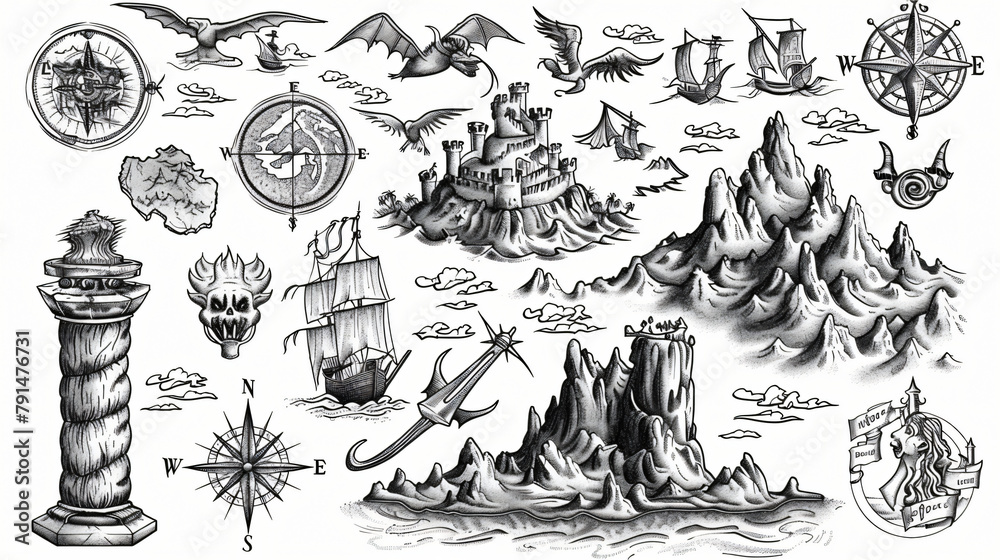 Fantasy map elements illustration drawing engraving Stock Illustration ...