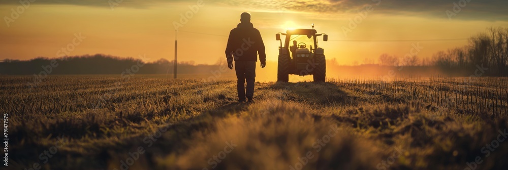 Against a sunrise backdrop, a farmer strides towards a tractor ...