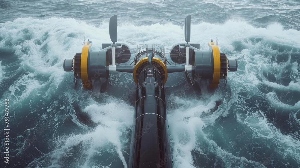 dynamic shot of a tidal energy turbine in action, harnessing the power ...