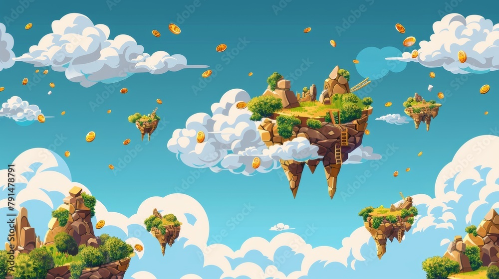 Flying rock islands modern landscape background. 2D UI level map with ...