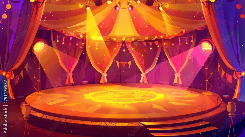 Stage with circus cartoon background. Carnival tent with round arena ...