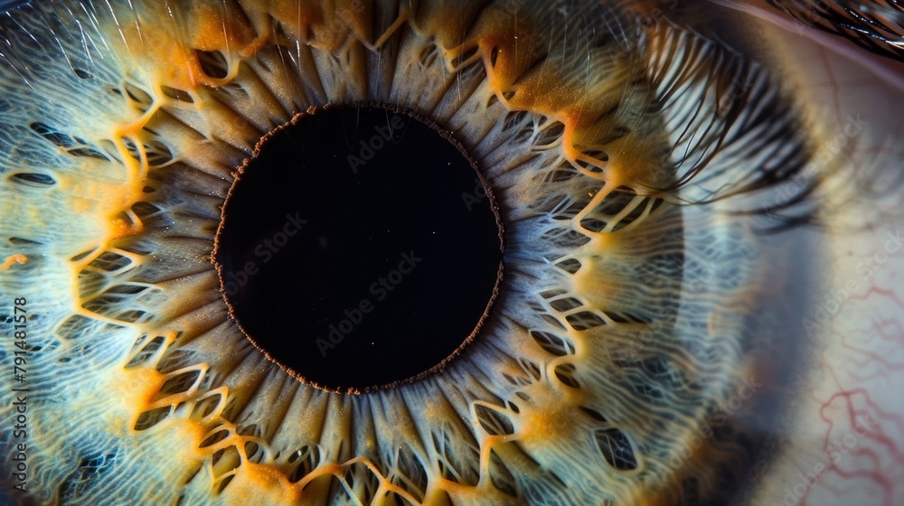 A closeup of an eye with a tiny implant that enhances visual acuity and ...
