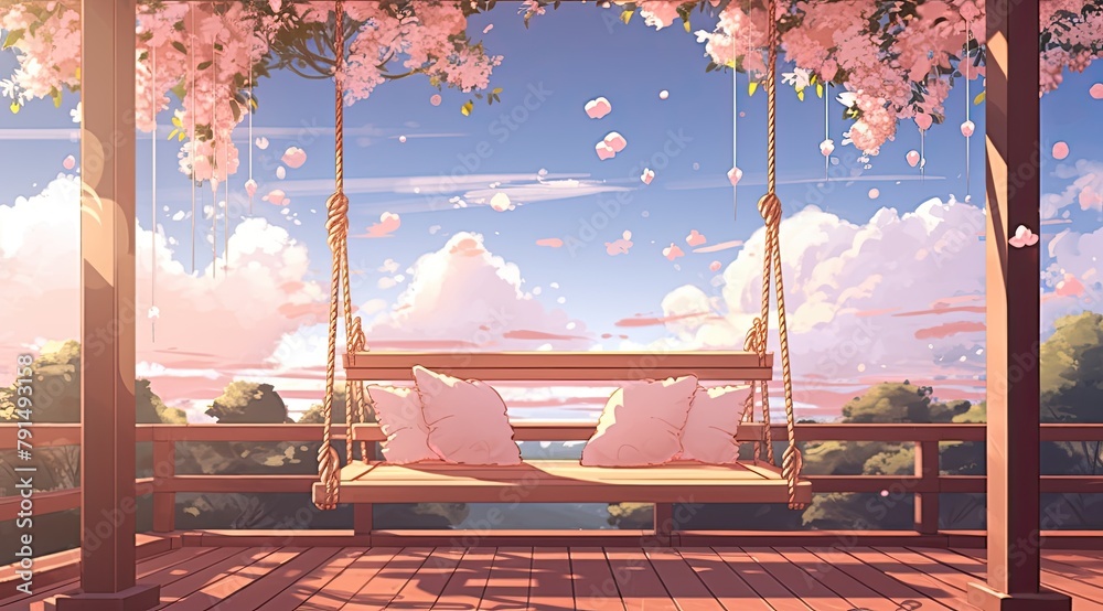 Peaceful swing pavilion under a cherry blossom canopy in a serene ...