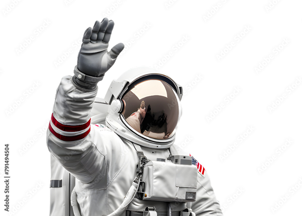Astronaut in a spacesuit waves his hand isolated on transparent ...