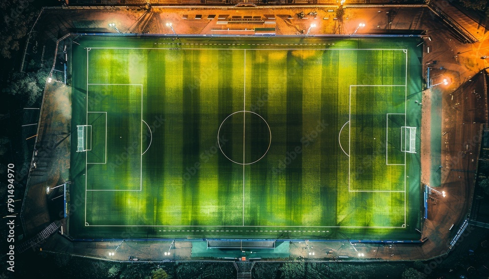 aerial top view of a football stadium arena illuminated by spotlights ...