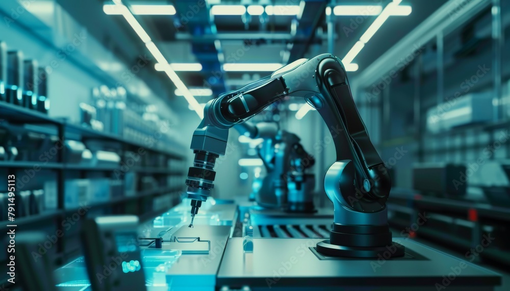 robot arm in action within a smart industrial factory. robot arms in ...