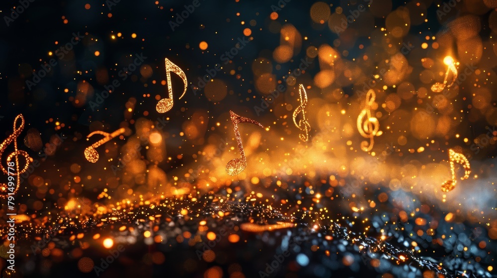 Judul: Magical musical notes aglow with golden particles on a dark ...