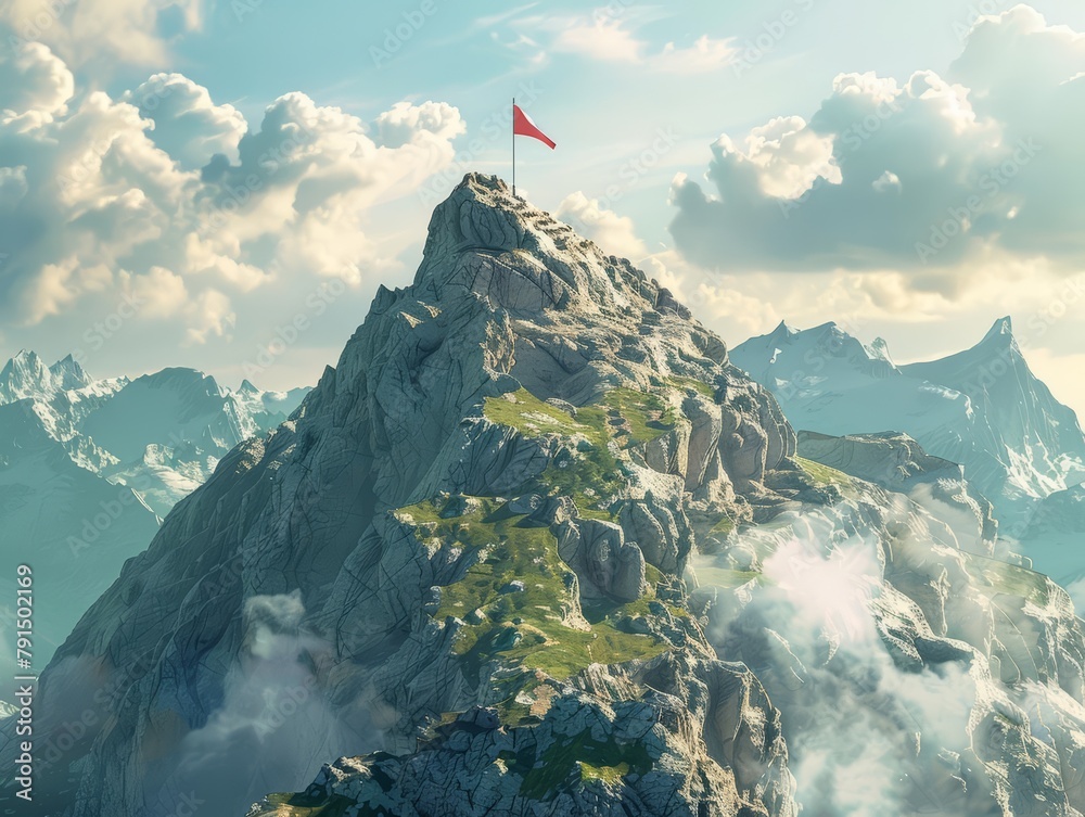 At the summit of an impossible mountain, a tiny, triumphant flag ...