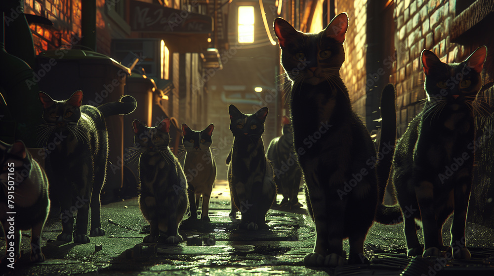 shadowy alley where a group of tough-looking alley cats, each with a ...