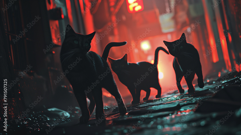 shadowy alley where a group of tough-looking alley cats, each with a ...