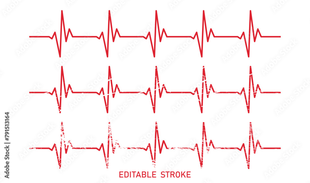 Editable retro stroke heart diagram set, old red EKG, cardiogram ...