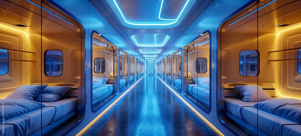 Modern train carriage interior designed like a capsule hotel with cozy ...