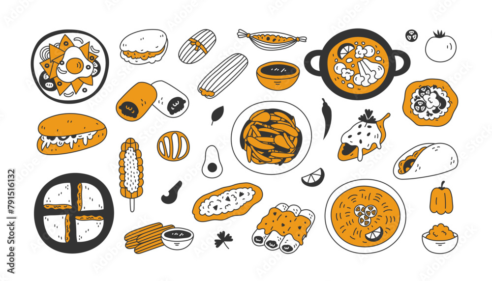 Mexican food doodle elements set. Hand drawn collection of popular ...