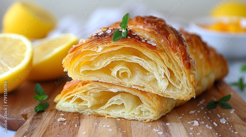 Focus on the buttery, flaky layers of a classic French croissant, with ...