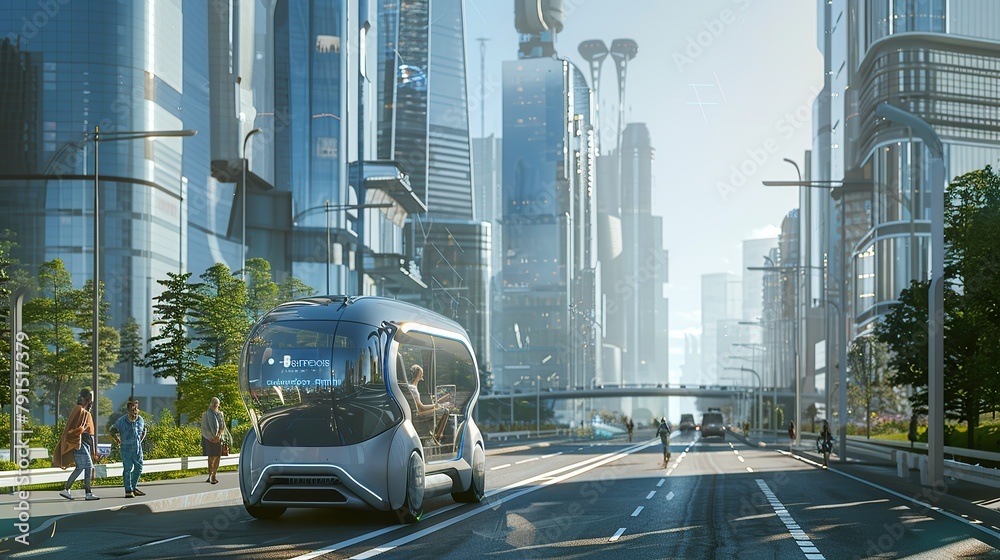 Shot of a Futuristic Self-Driving Van Moving on a Public Highway in a Modern City with Glass ...