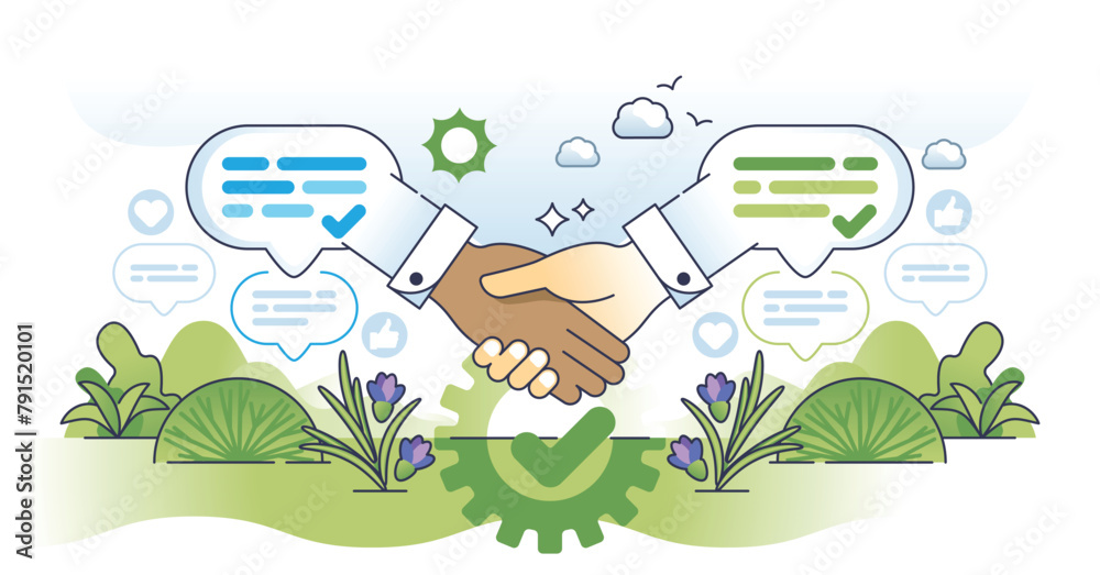 Interpersonal skills with effective communication outline hands concept ...