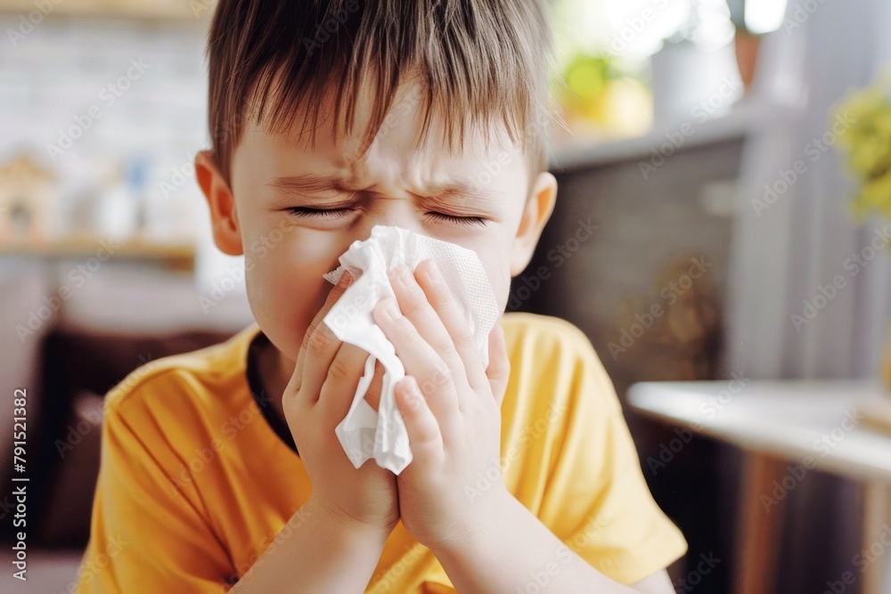 unhealthy kid blowing nose into tissue, child wiping nose with tissue ...