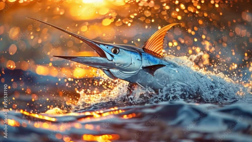 A big blue marlin swordfish jumping out of the ocean, sea animals ...