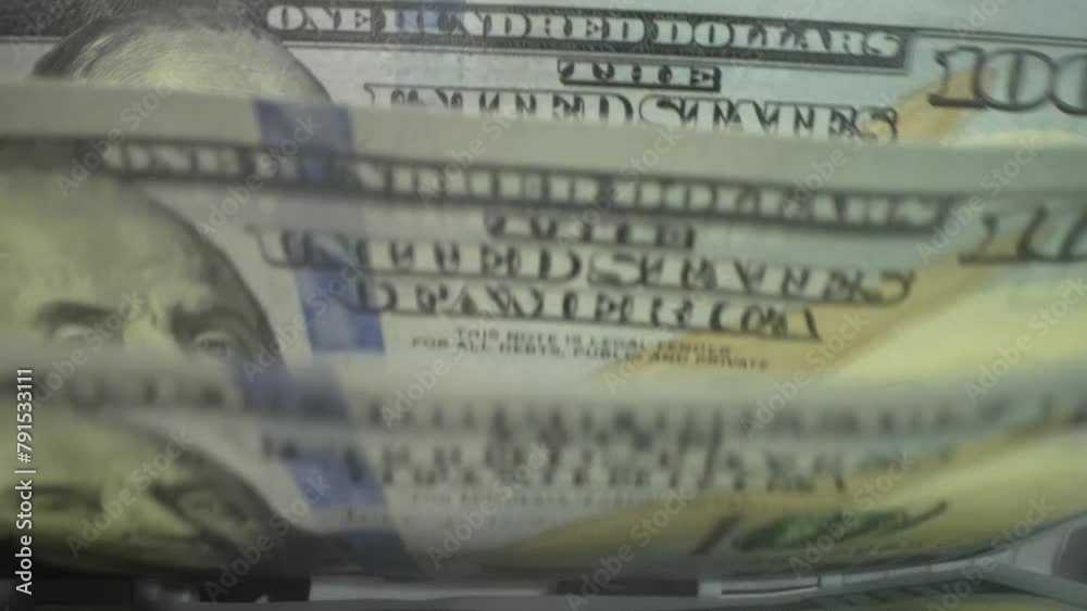 Close up cash counting machine counting money. Banknotes of 100 dollar ...