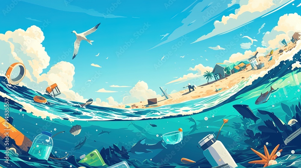 Save the ocean. Different waste polluting sea and beach. Landscape ...