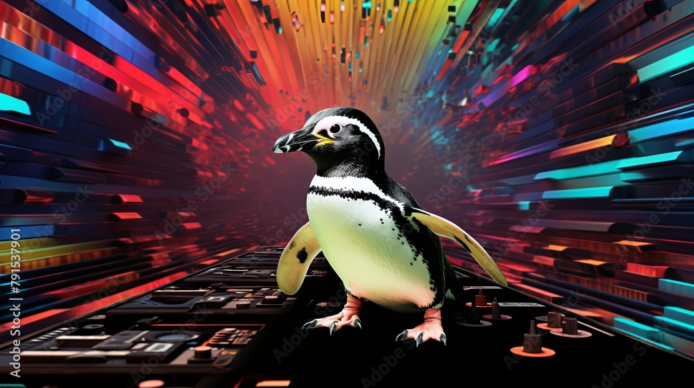 Penguin amid 1980s video game graphics, pixelated backdrop, contrasting ...