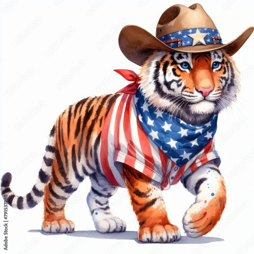 Tiger Walking Patriotic with American Flag. Watercolor 4th July ...
