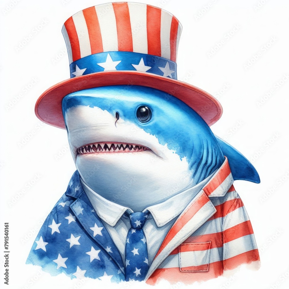Shark Patriotic with American Flag. Watercolor 4th July Memorial Day ...