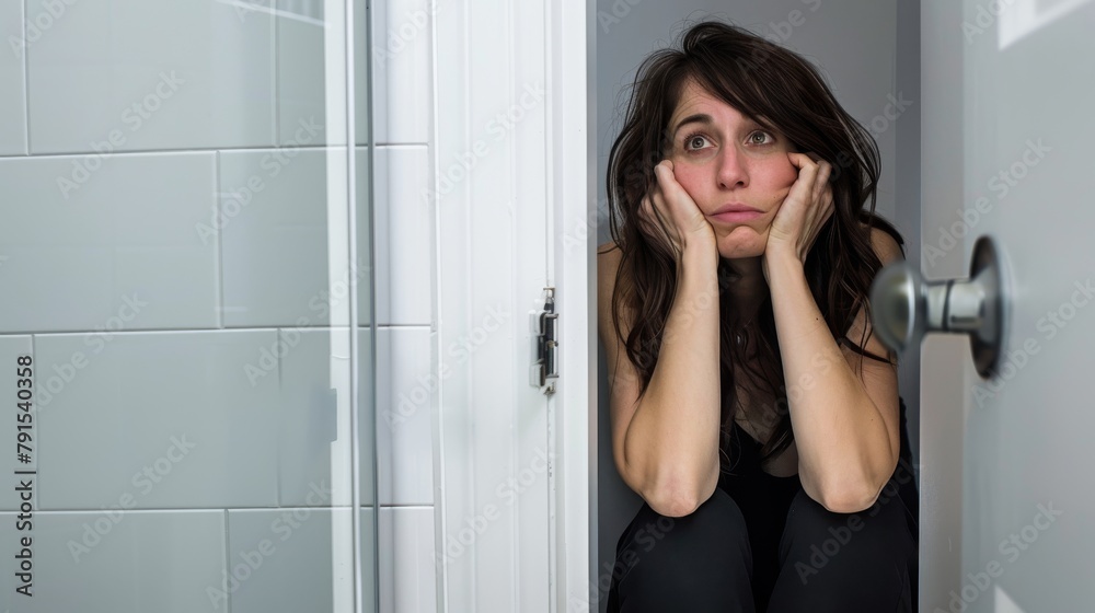Stressed woman sitting on the toilet and suffering from digestive ...