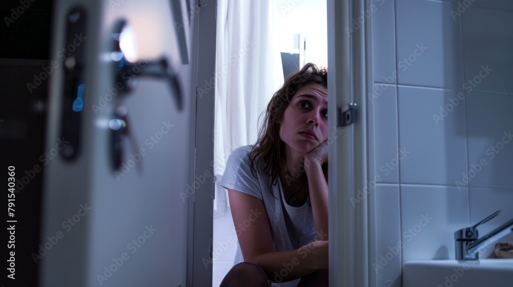 Stressed woman sitting on the toilet and suffering from digestive ...