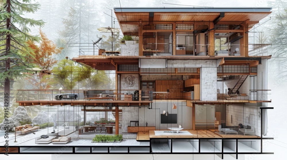 Design a cross-section of a futuristic house with customizable holographic interfaces that allow ...