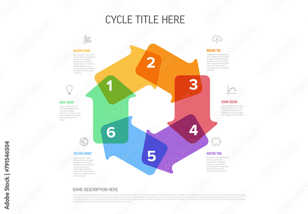 Six overlay arrows elements infographic cycle with icons and numbers ...