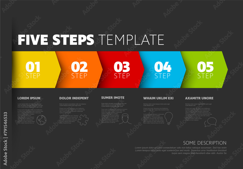 Five dark progress block steps template with descriptions and icons on ...
