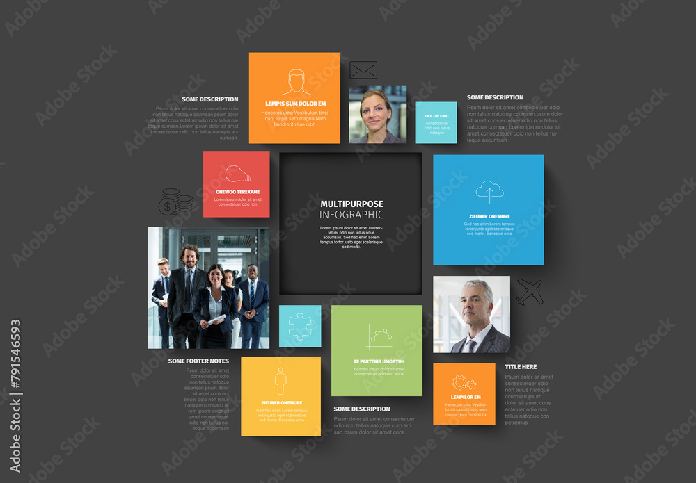 Simple dark infographic template with blue square content blocks with ...