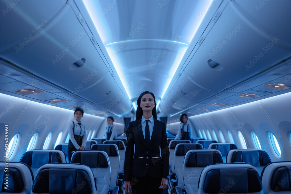 interior of an airplane with cabin crew members in the background ...