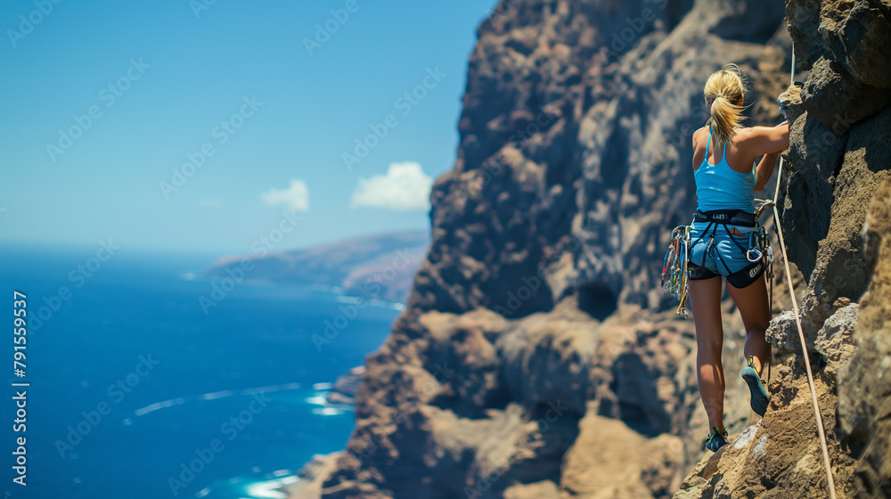 the stunning vistas of the Canarian Islands, a blonde rock climber ...