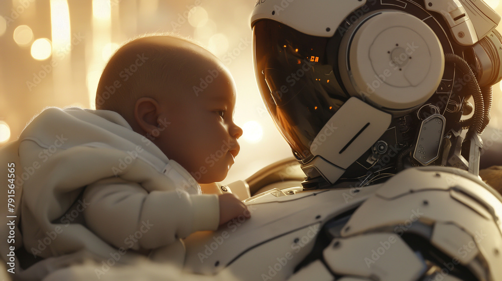 Baby in the arms of a robot. , robots that take care of children and ...