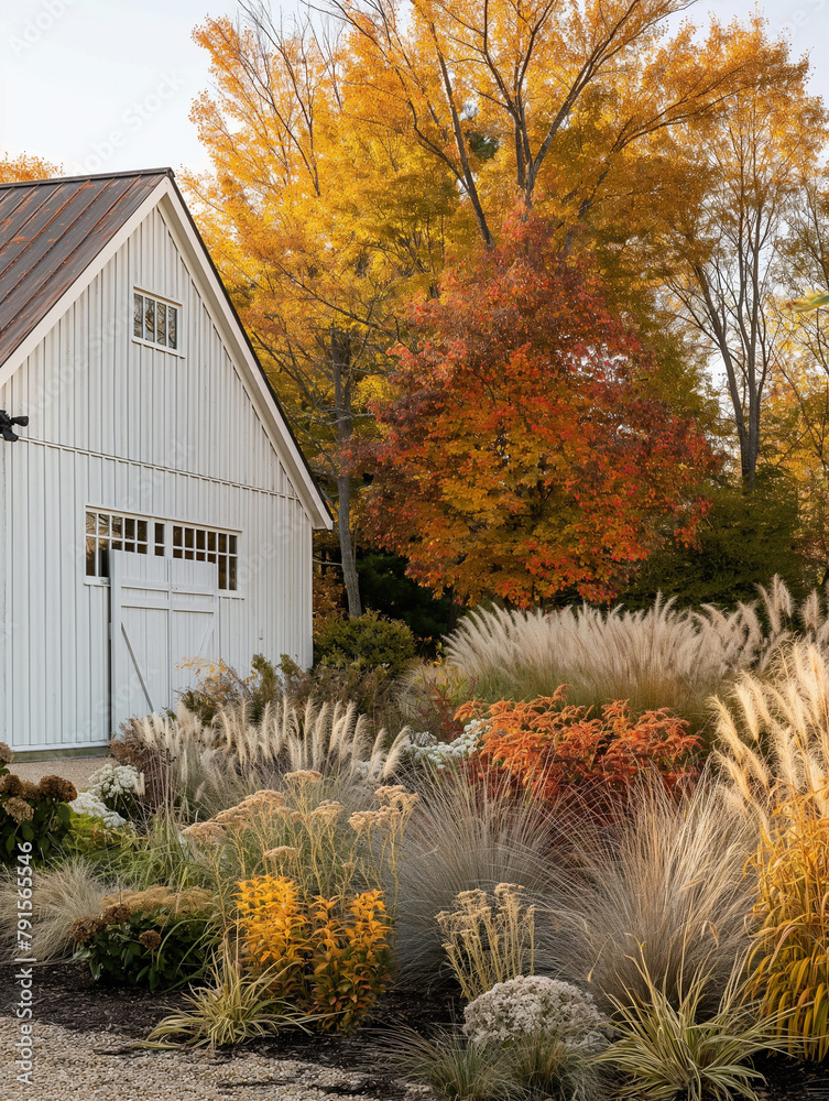 Old farm nature garden design with trees, ornamental grasses ...