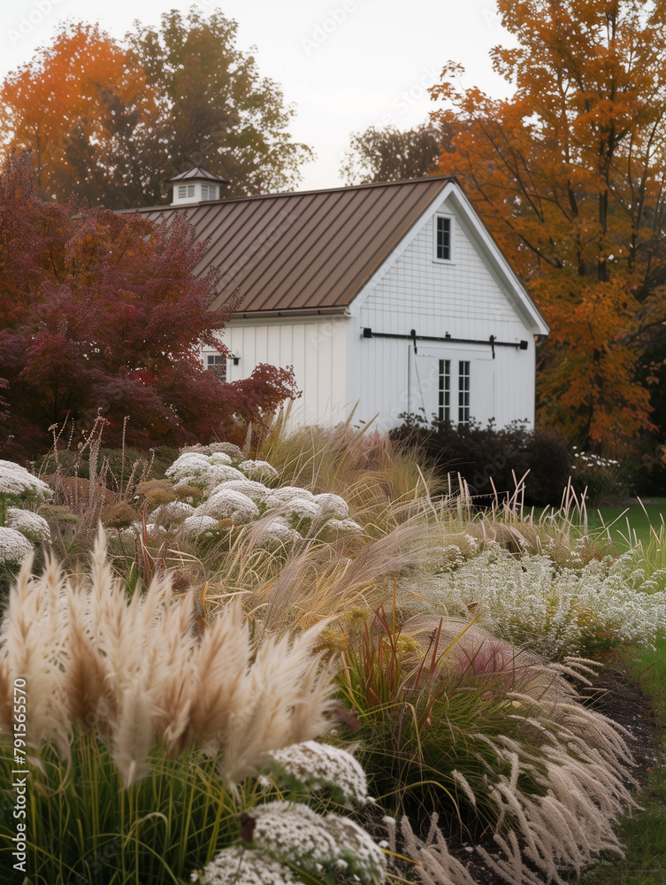 Old farm nature garden design with trees, ornamental grasses ...