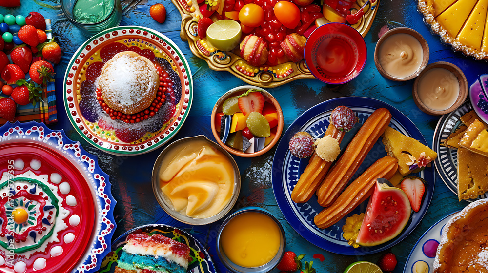 Mexican desserts churros, tres leches cake, and flan diverse Mexican ...