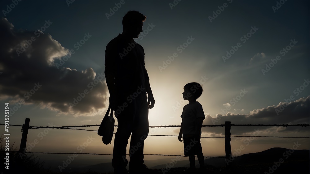 A dark and moody silhouette of a father and son standing on a height ...