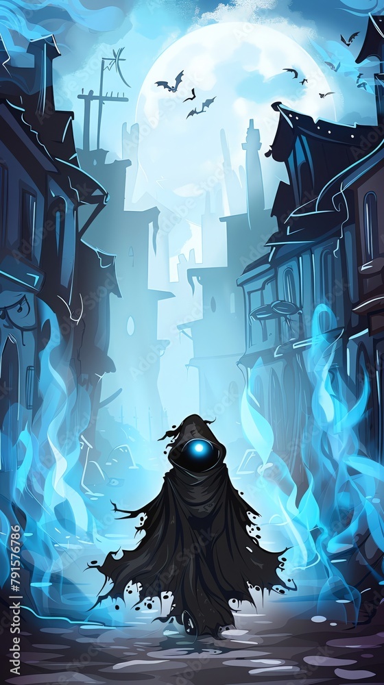 gothic horror scene in a remote village, foggy streets and lurking ...