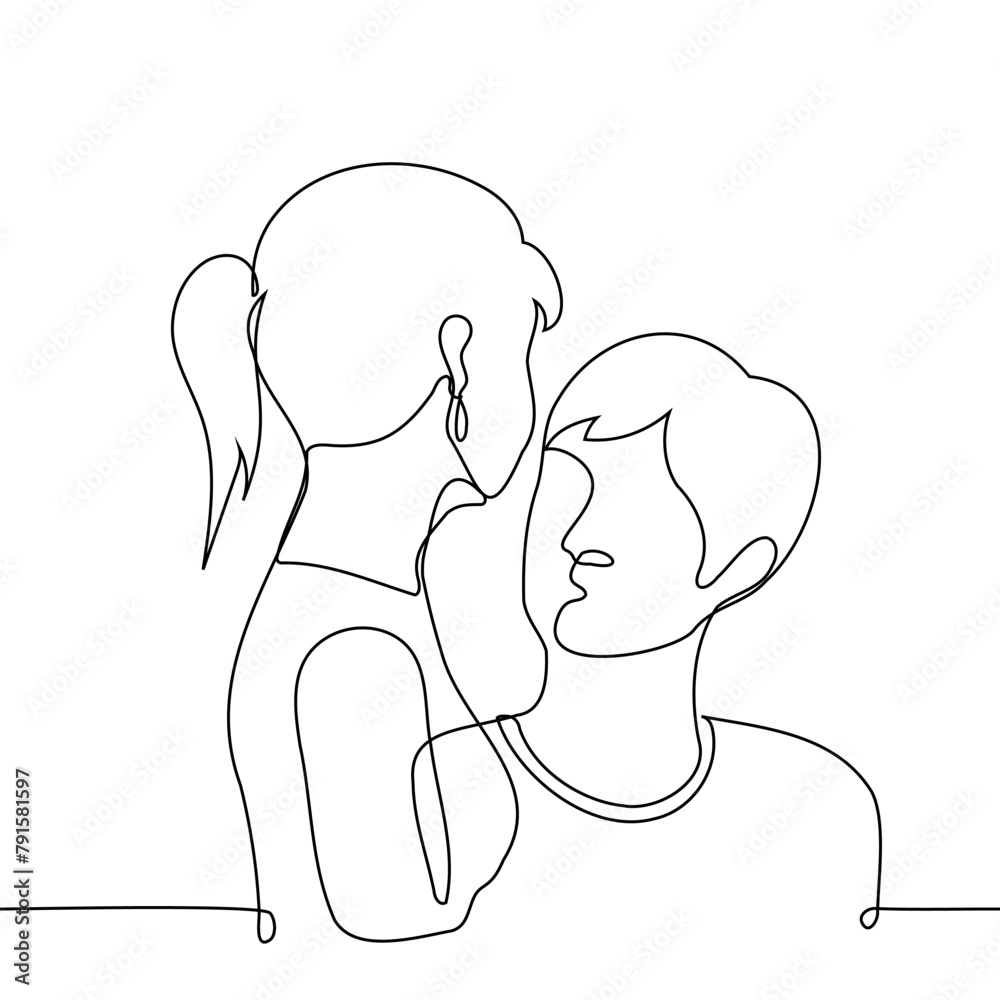 Man Looks Hypnotized Into The Face Of A Woman Who Is Taller Than Him One Line Art Vector