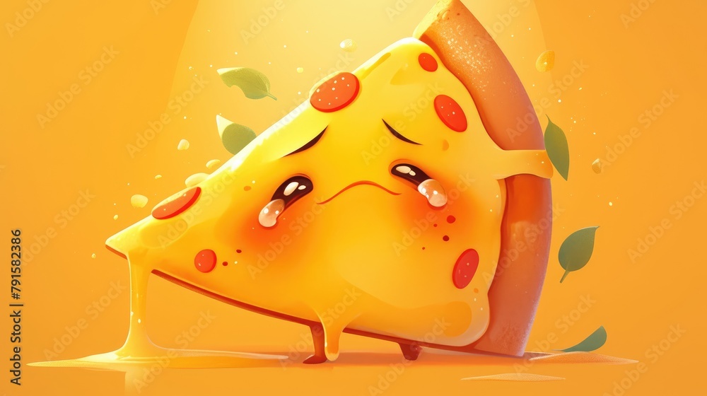 Adorable and melancholic pizza character depicted as a comical and ...