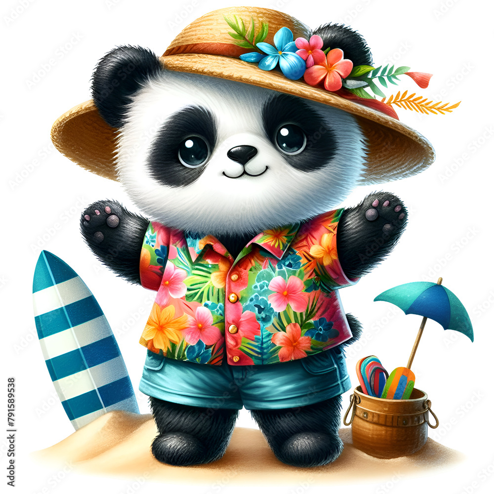Watercolor Summer PandaClipart, Panda Clipart, Summer Beach PNG, Ocean ...
