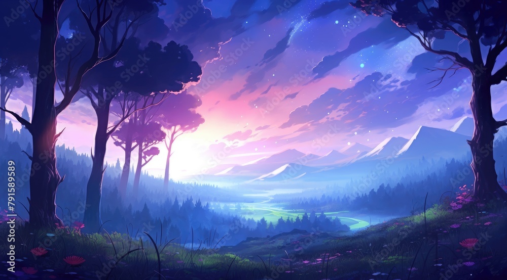 Celestial nexus grove with twilight hues and starry sky, framing a ...