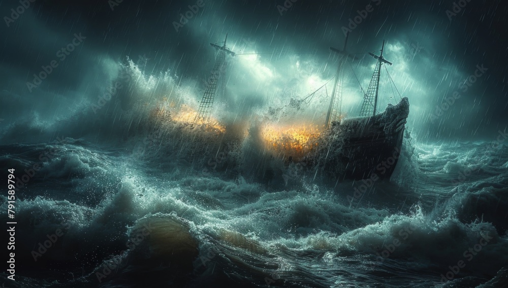 Stormy Seas: Noah's Ark Floating Amidst Turbulent Waters. Biblical Artistic Interpretation Stock ...